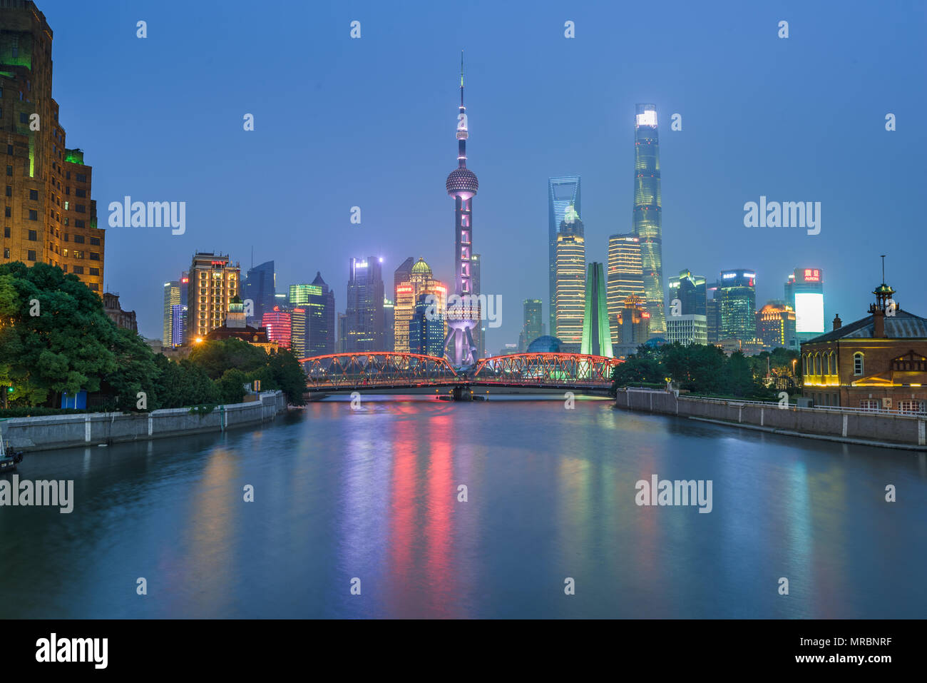 Famous skyline of Pudong in Shanghai, China with many landmark ...