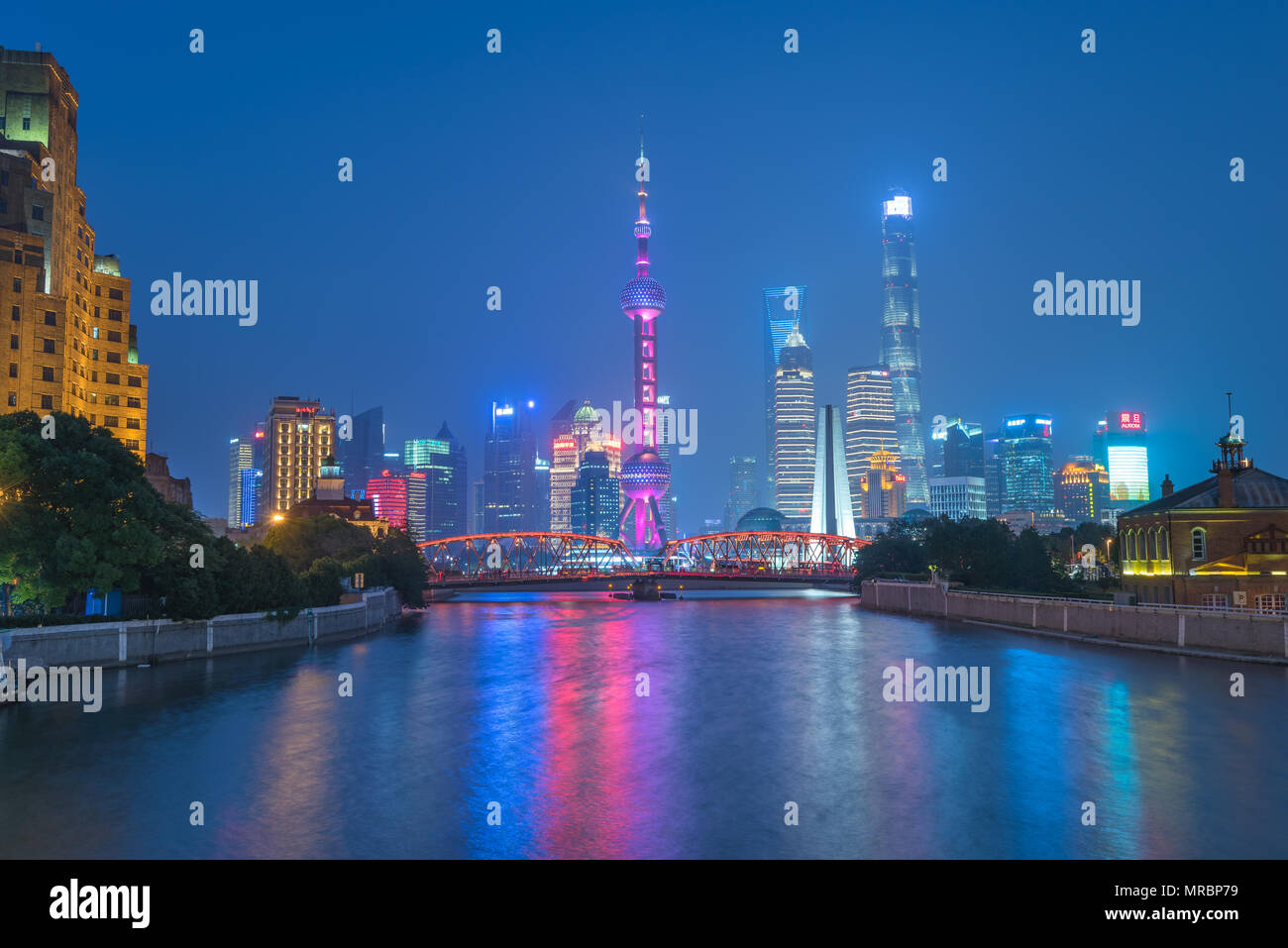 Famous skyline of Pudong in Shanghai, China with many landmark ...
