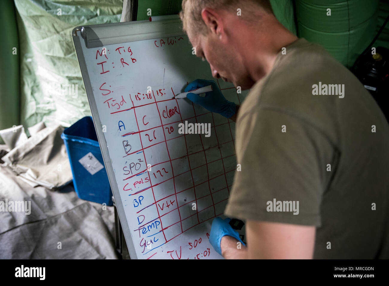 A marine takes notes on the information given by the military nurse ...