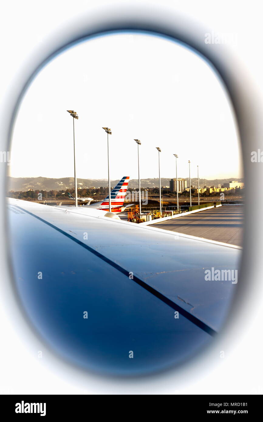 View from an airplane window at Los Angeles International Airport Stock ...