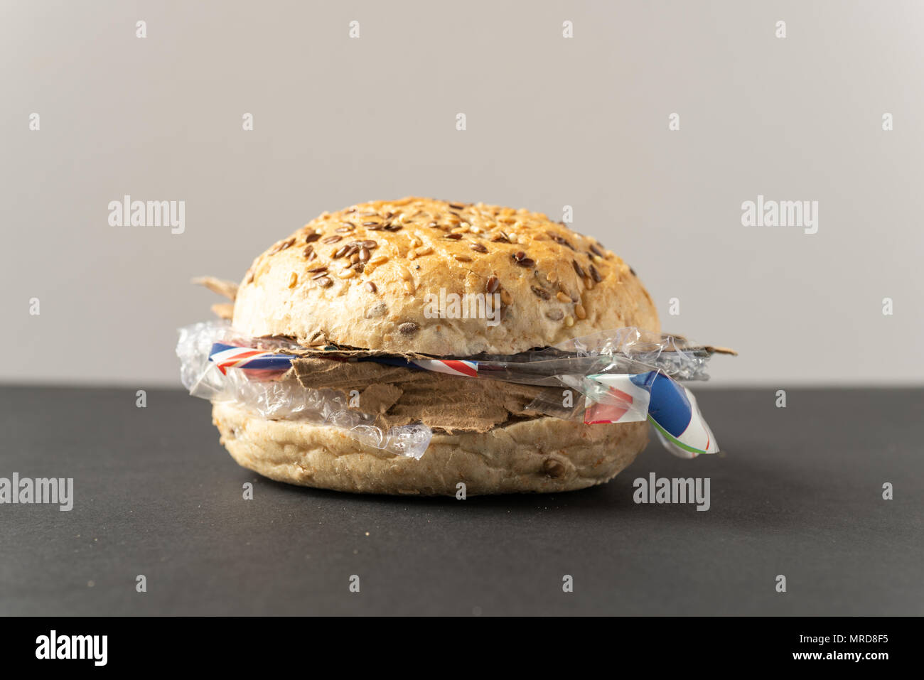 Fresh tasty burger with plastic waste and paper cardboard inside on ...