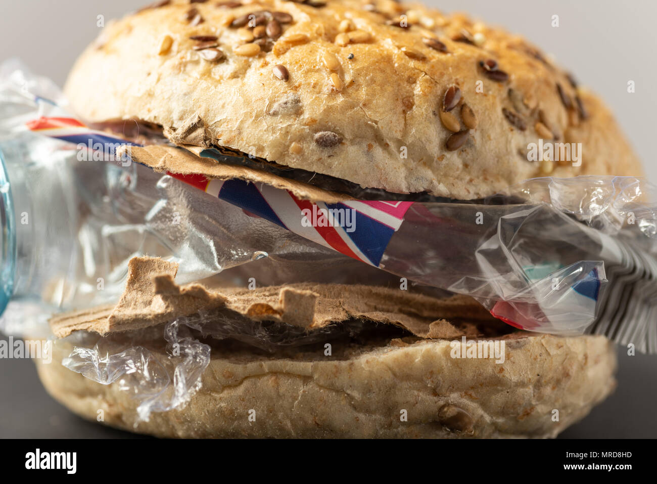 Fresh tasty burger with plastic waste and paper cardboard inside on ...