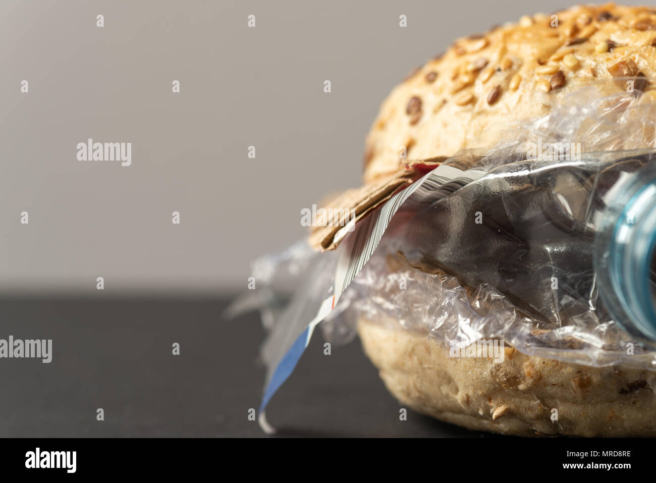 Fresh tasty burger with plastic waste and paper cardboard inside on ...