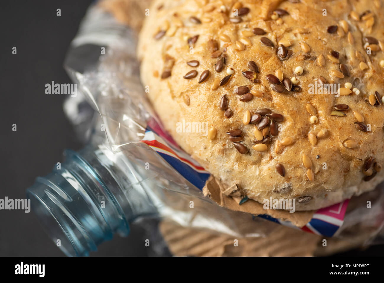Fresh tasty burger with plastic waste and paper cardboard inside on ...
