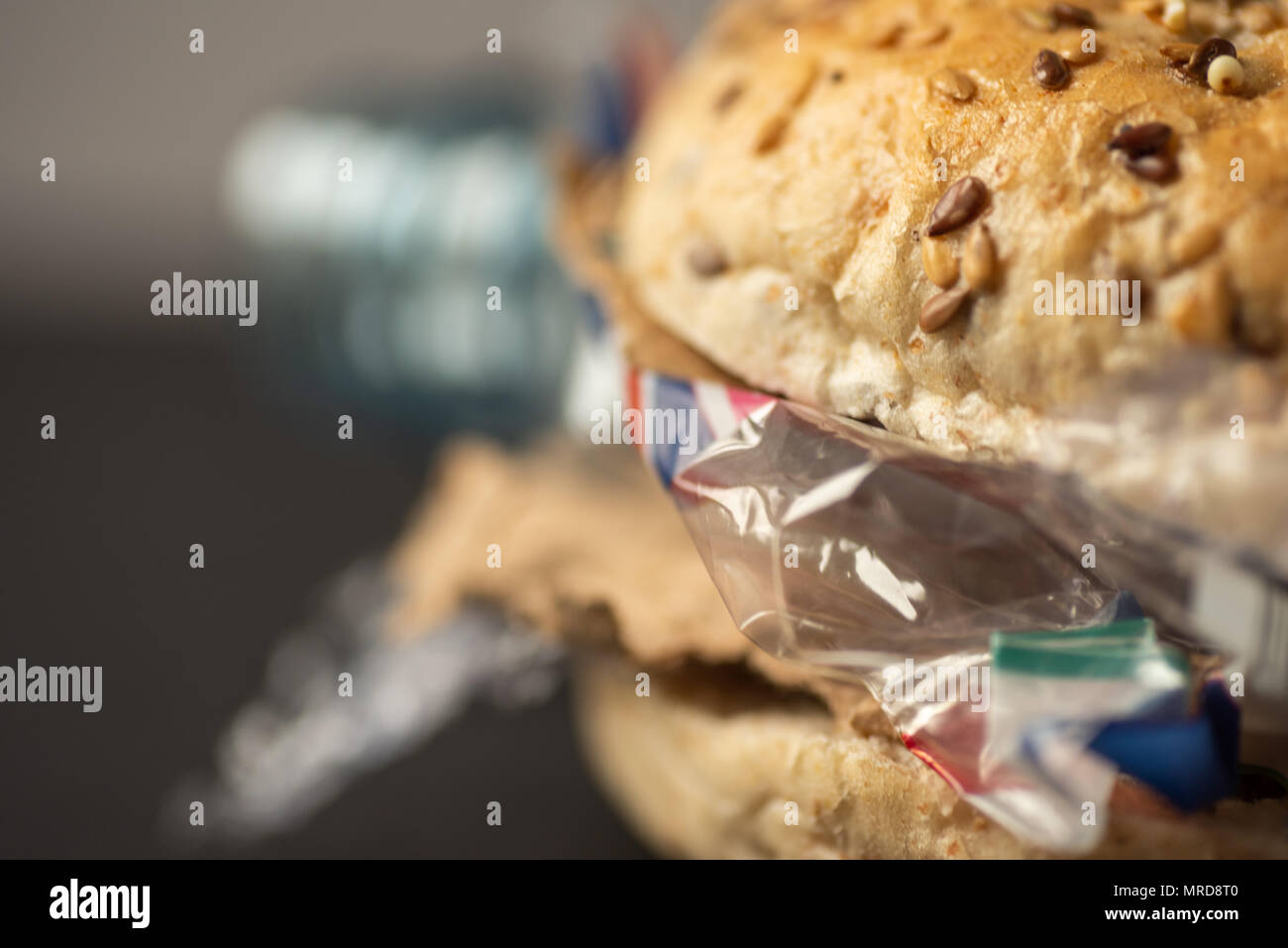 Fresh tasty burger with plastic waste and paper cardboard inside on ...