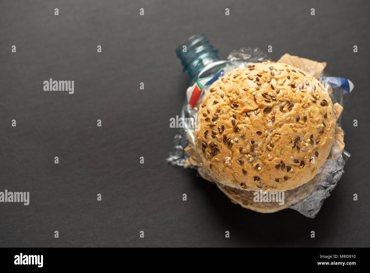Fresh tasty burger with plastic waste and paper cardboard inside on ...