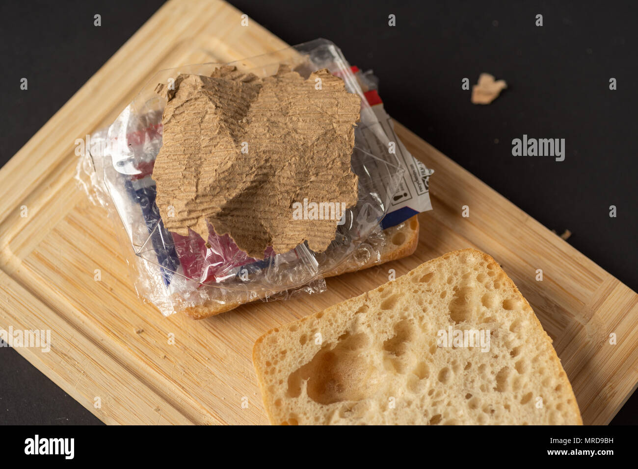 Fresh tasty panini sandwich with plastic waste and paper cardboard ...