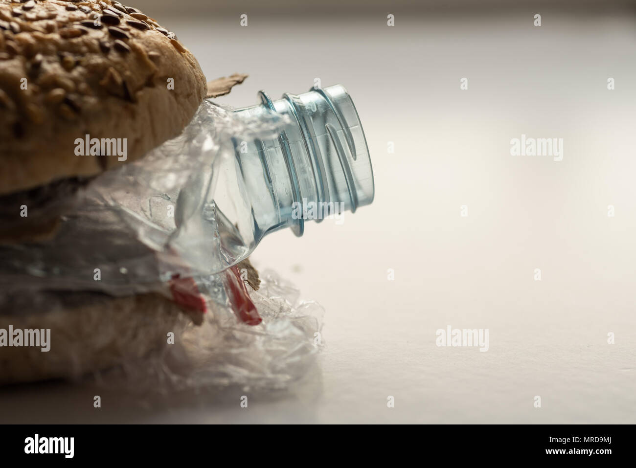 Fresh tasty burger with plastic waste and paper cardboard inside on ...