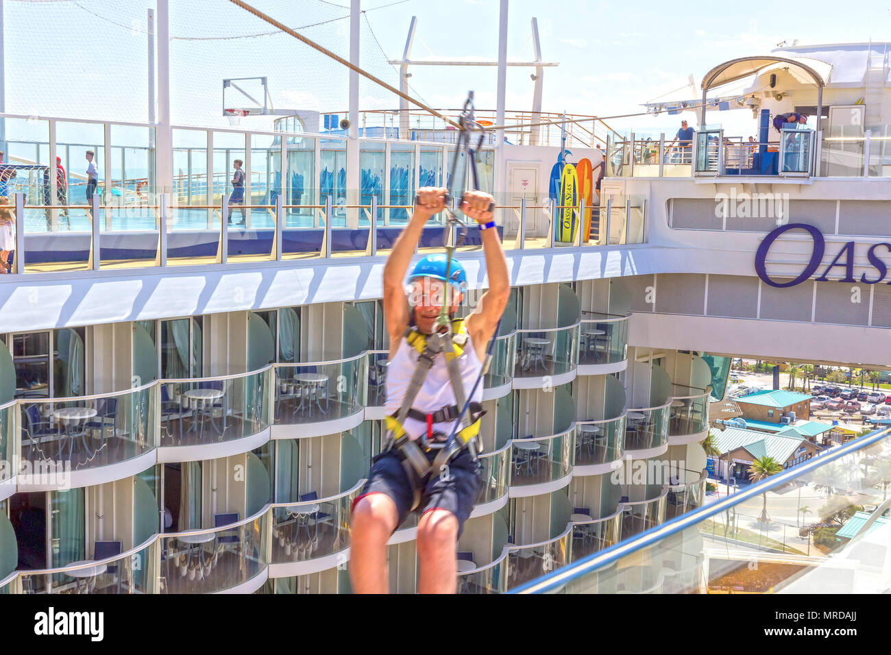 Ft. Lauderdale, USA - April 30, 2018: The passenger flying at zip line ...