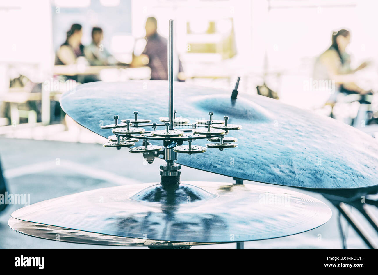 Drums and cymbals. Retro photo filter. Concert scene with people Stock ...