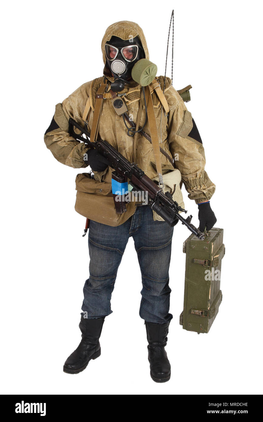 Stalker in gas mask with weapon isolated on white Stock Photo - Alamy