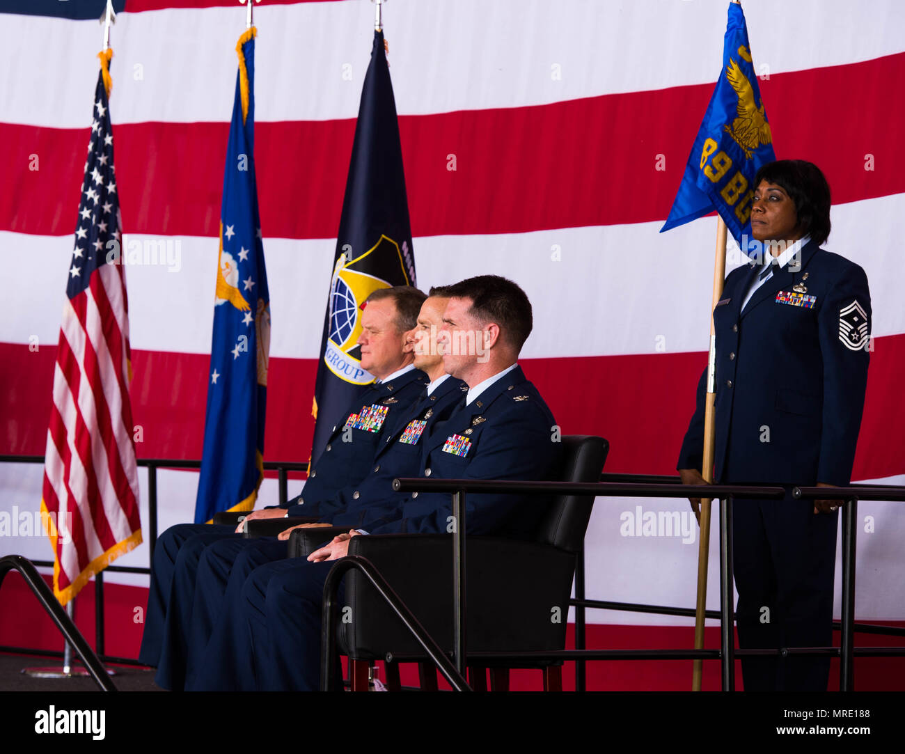 Col. Bruce Cox, 307th Bomb Wing commander, Col. Denis Heinz, 489th Bomb ...