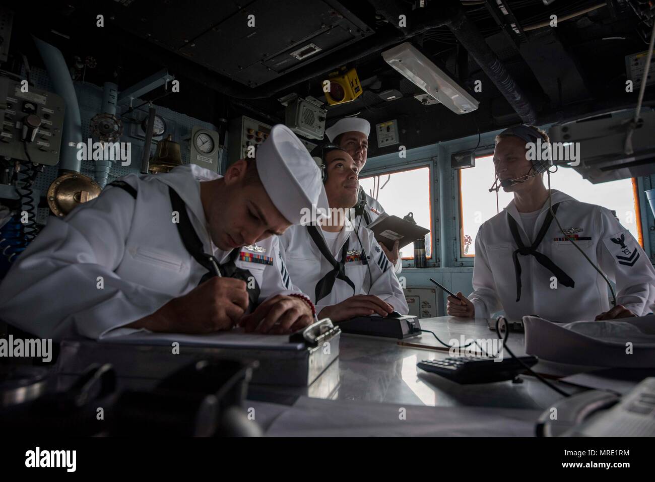 170524-N-QI061-018ATLANTIC OCEAN (May 24, 2017) Sailors stand watch in ...