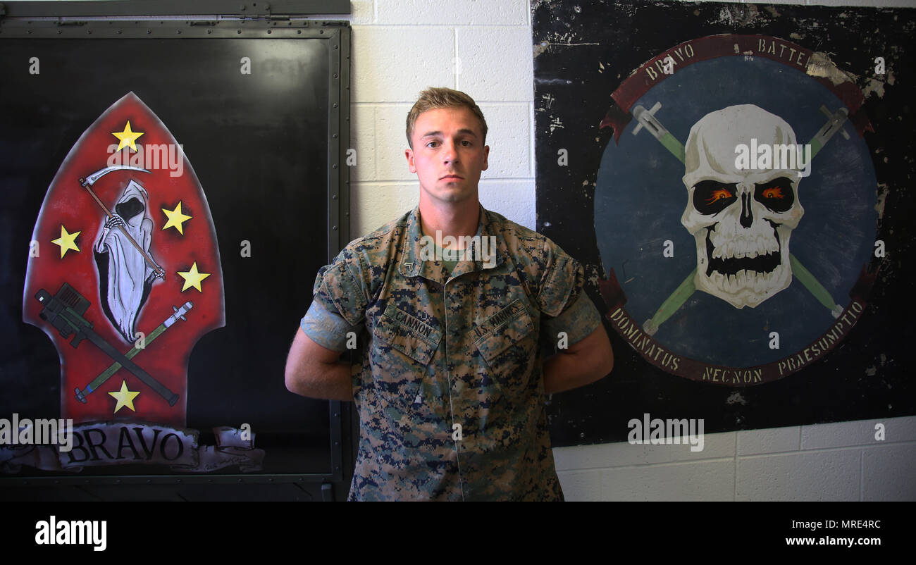 Cpl. Blake Cannon stands proudly in front of B Battery unit logos at ...