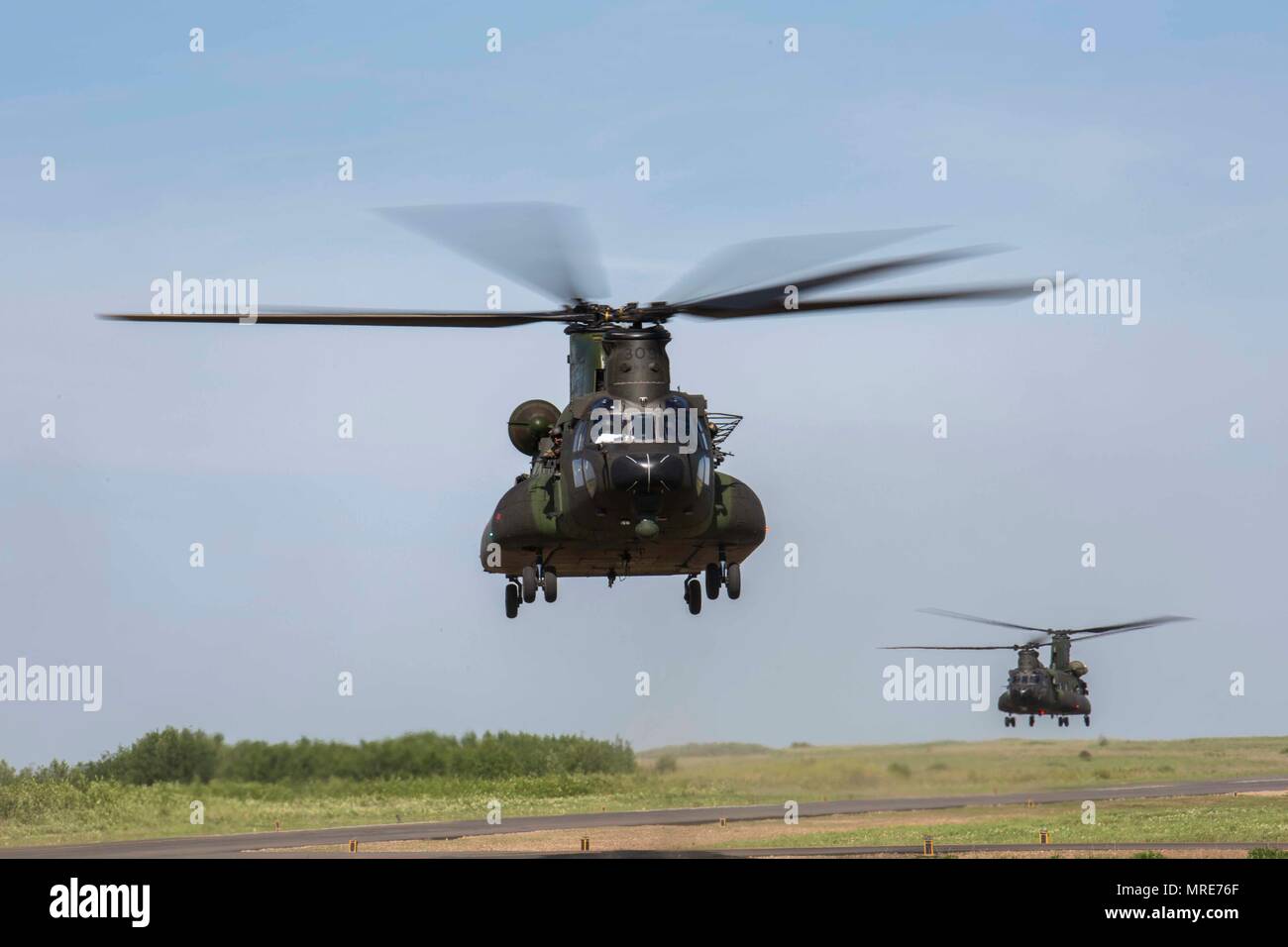 Two Royal Canadian Air Force CH-147F Chinooks land at a forward arming ...