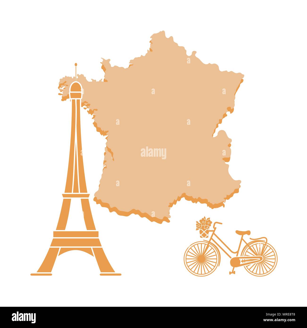Map of France, famous tower of Paris, bicycle with a basket of flowers ...