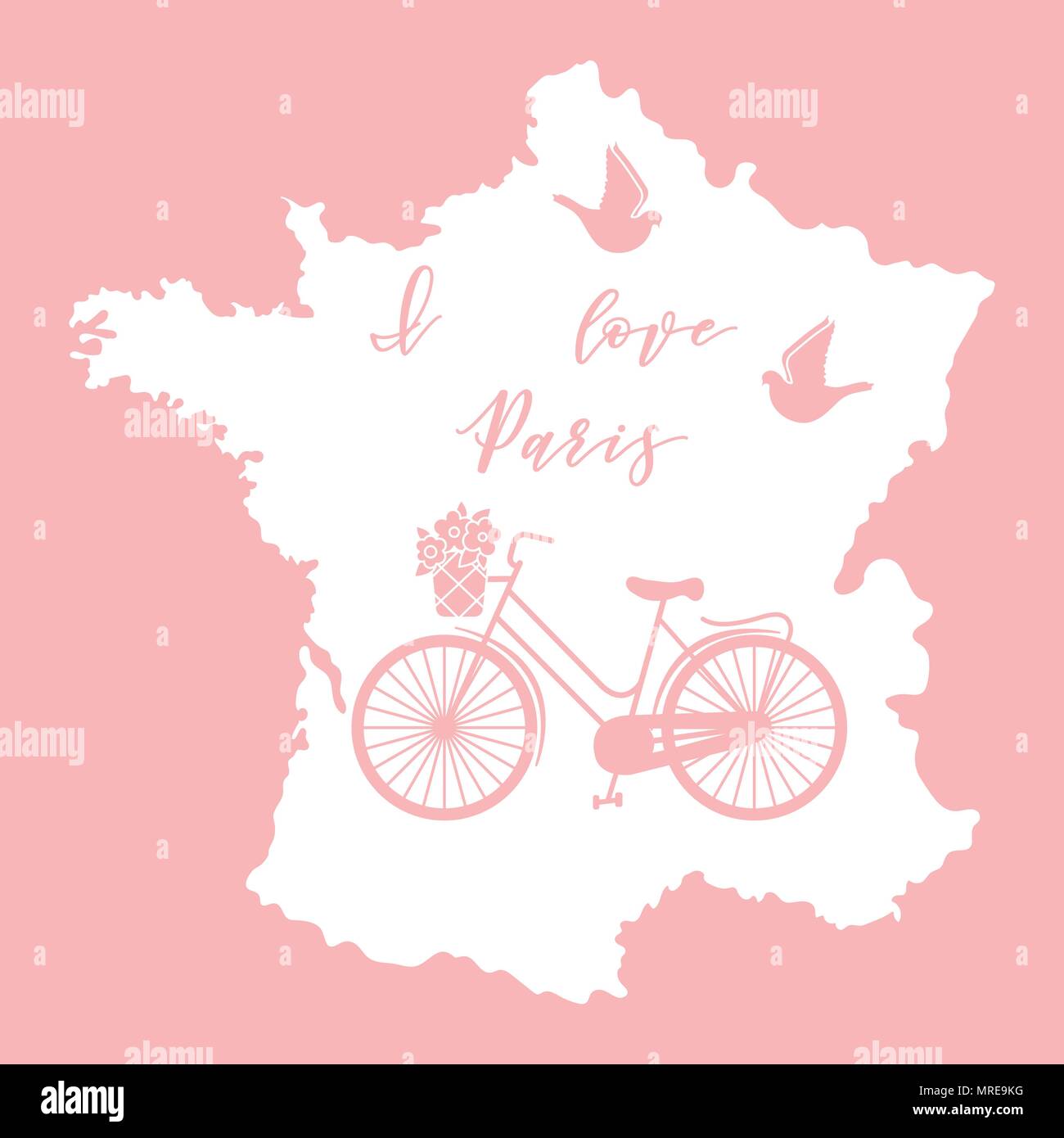 Map of France, bicycle with a basket of flowers, pigeons. Travel and ...