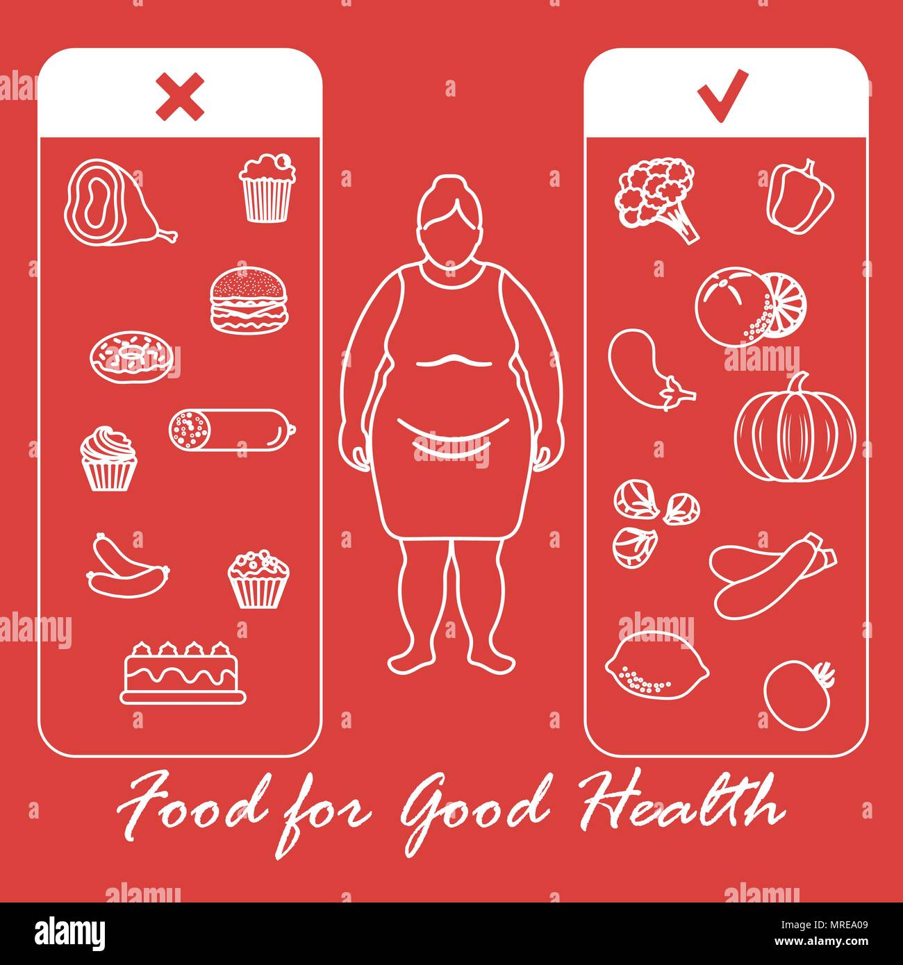 Fat woman with and useful and harmful food. Proper nutrition with ...