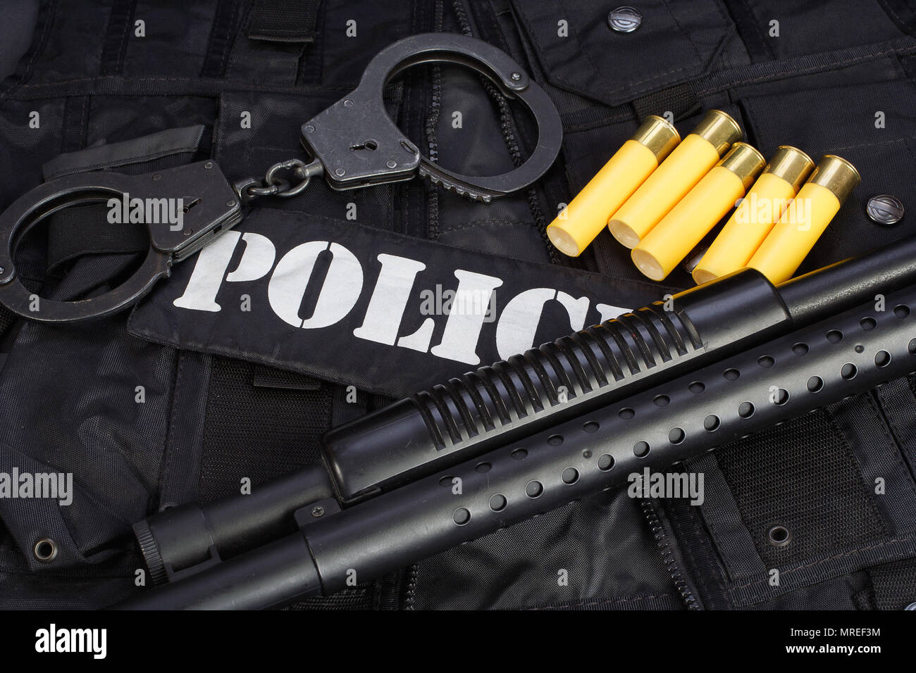 Special weapons and tactics team equipment on black background Stock ...