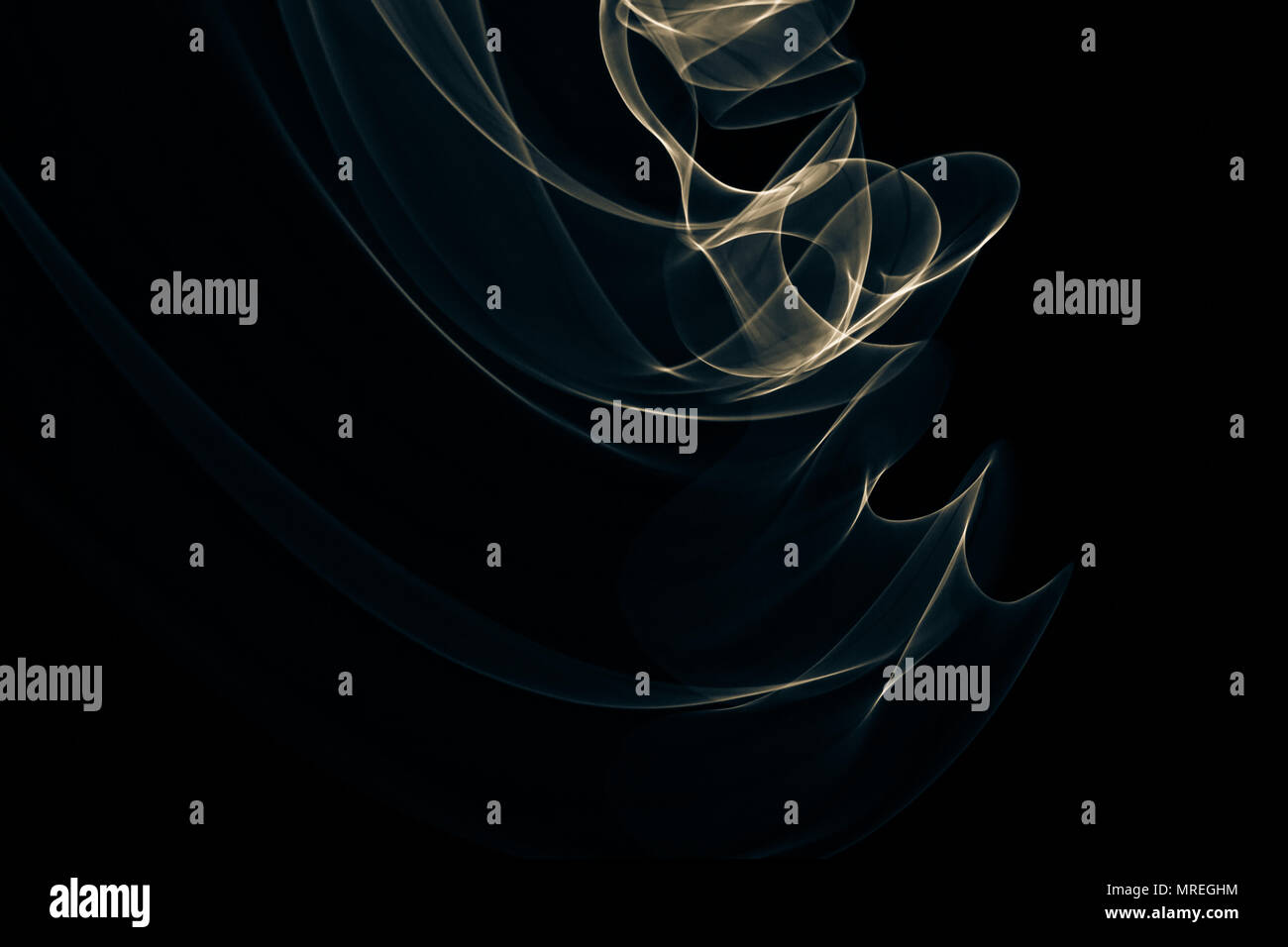 Light painted glowing abstract blue and yellow curved lines on a black ...