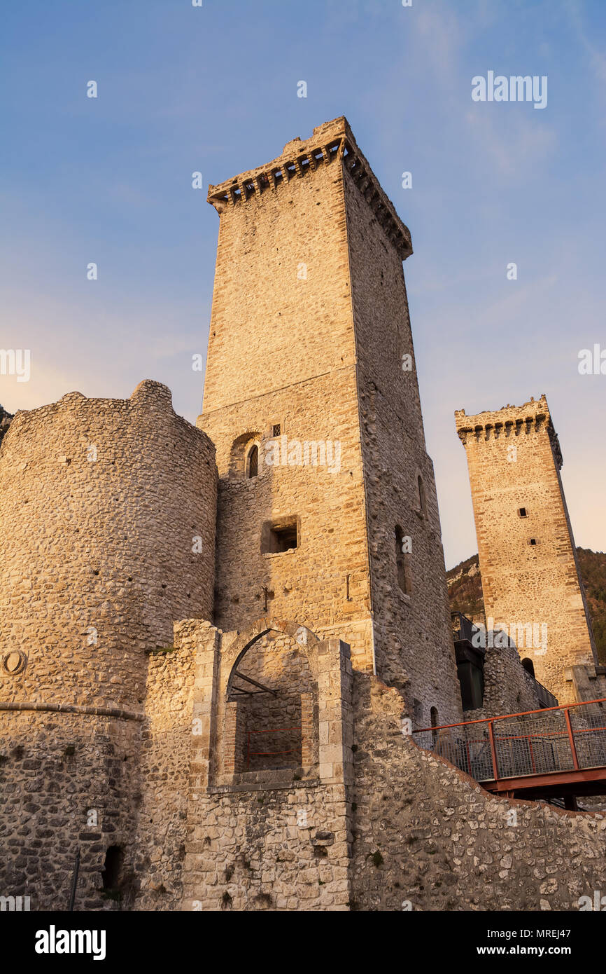 Towers and rampart of Pacentro castle at sunset (Italy Stock Photo - Alamy