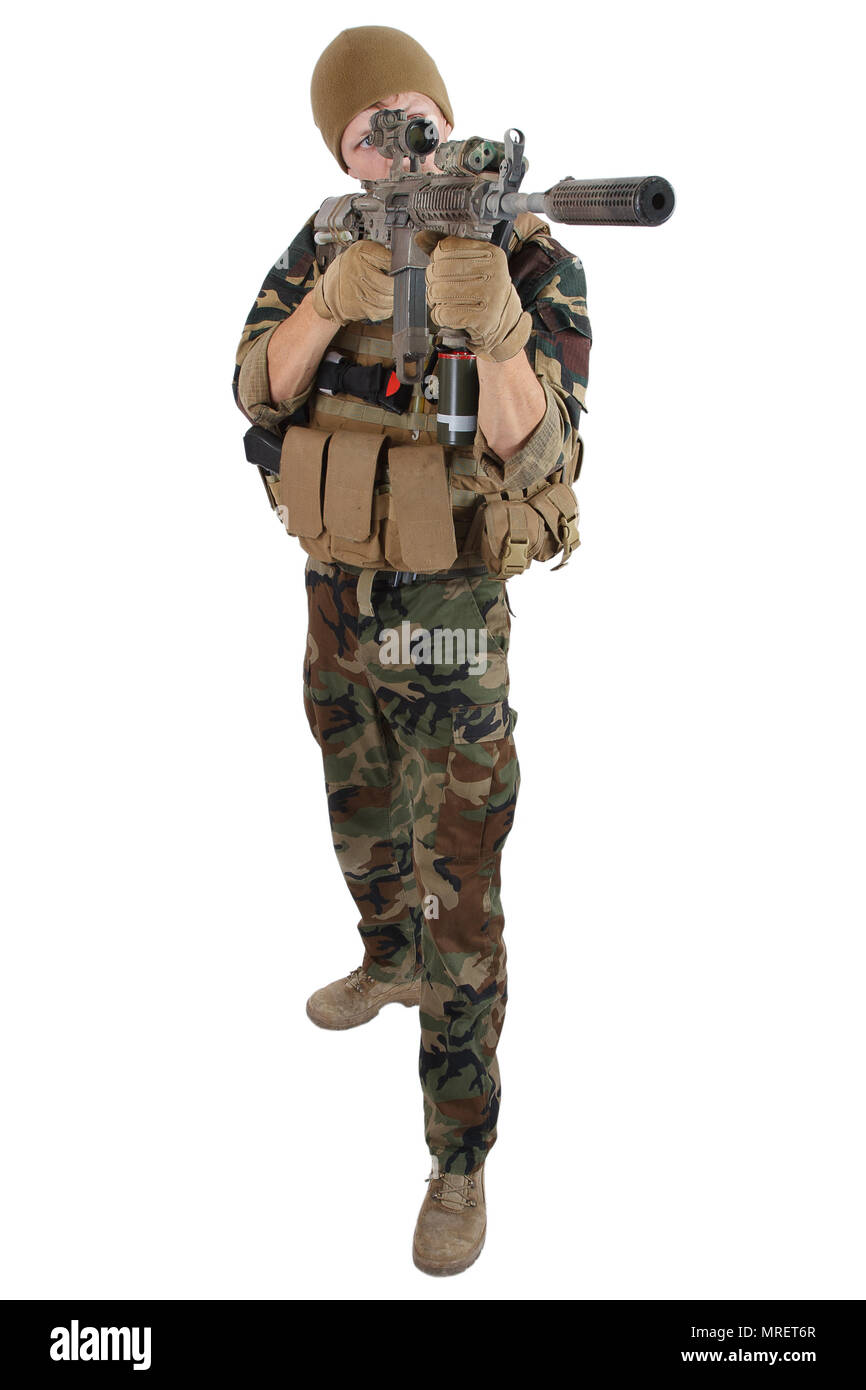 Private Military Company operator with assault rifle on white ...