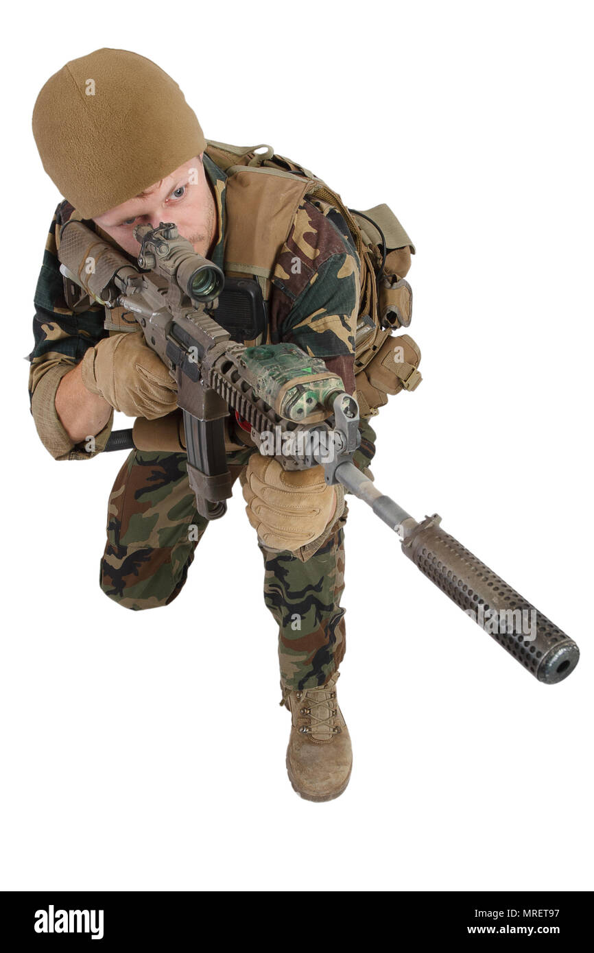 Private Military Company operator with assault rifle on white ...