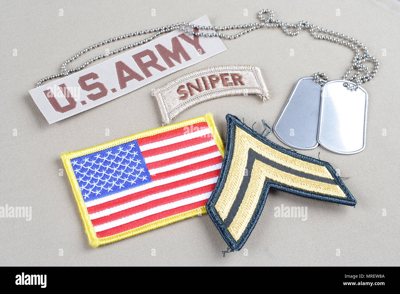 KIEV, UKRAINE - August 21, 2015. US ARMY Corporal rank patch, sniper ...