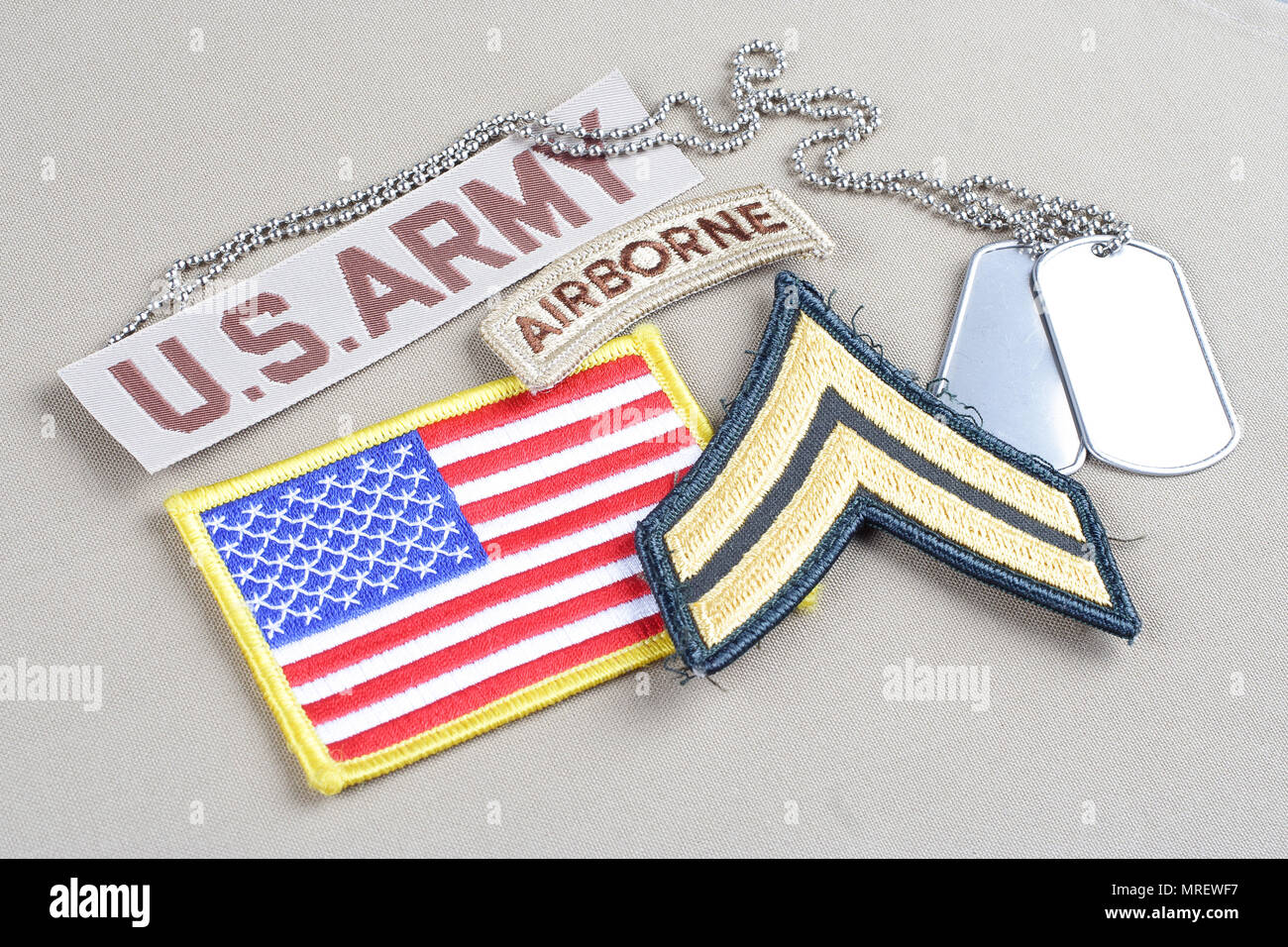 KIEV, UKRAINE - August 21, 2015. US ARMY Corporal rank patch, airborne ...