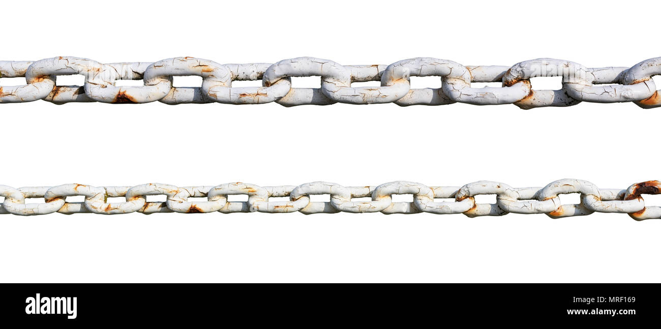 Old chain covered in white cracked paint. Isolated on white background ...