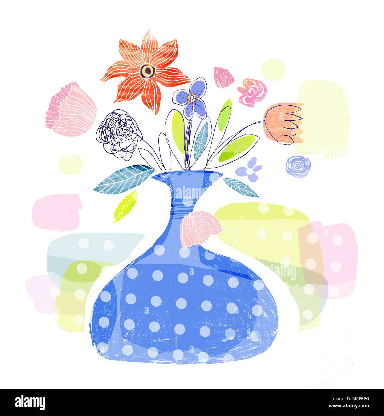 Illustration of flowers in blue vase. Cartoon drawing. Design elements ...
