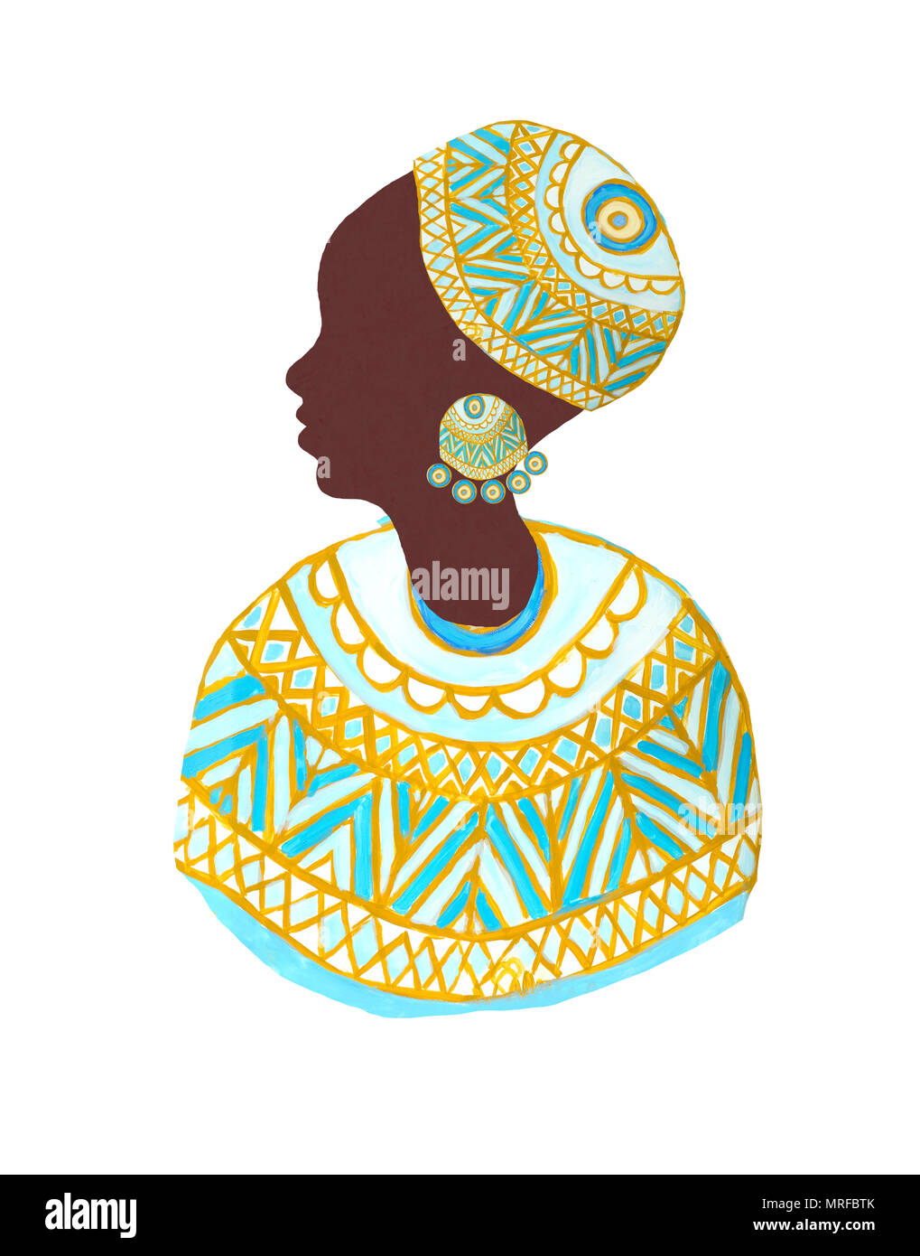 African young woman in ethnic headdress, earrings and cloth with bright ...