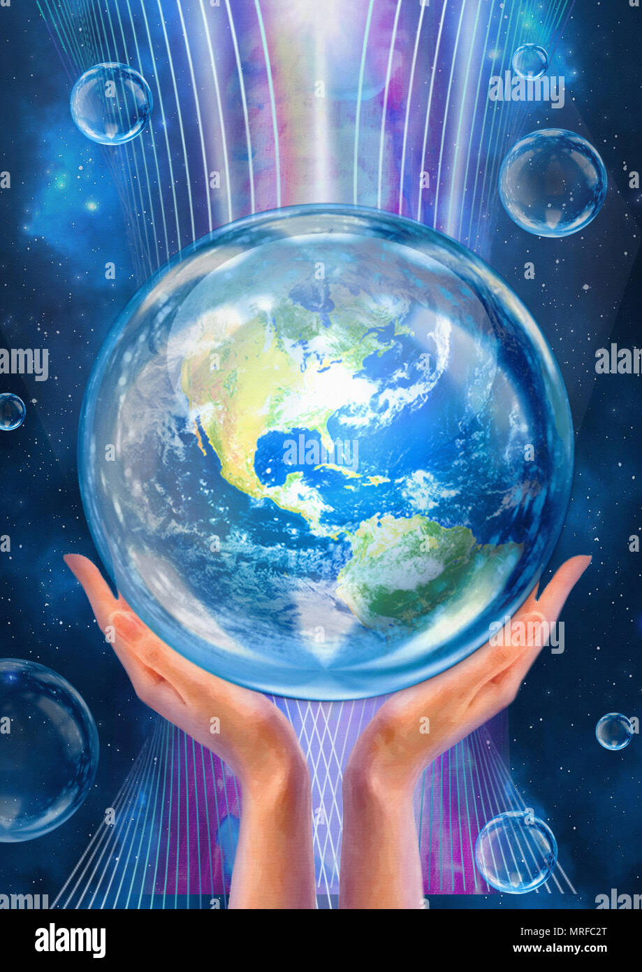 Hands support Earth in the flow of life-giving energy. Conceptual ...