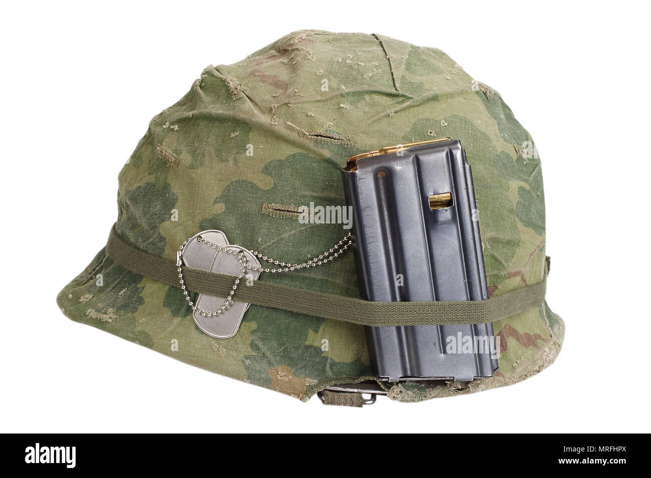 US Army helmet Vietnam war period with camouflage cover, magazine with ...