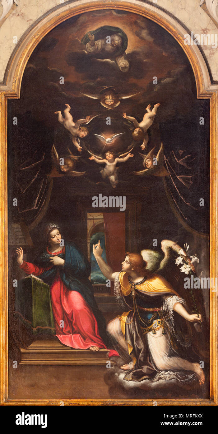 REGGIO EMILIA, ITALY - APRIL 13, 2018: The painting of Annunciation in ...