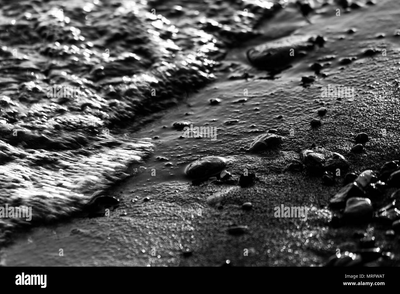 A close view of water on a lake shore at sunset, with details of Stock ...