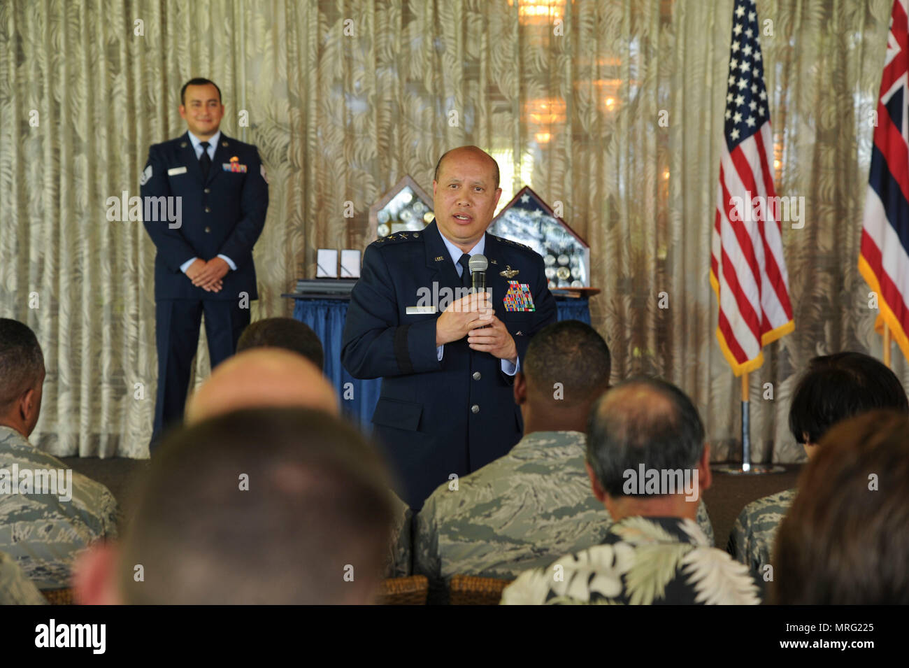 Lt. Gen. Giovanni Tuck, Eighteenth Air Force commander, gives the ...