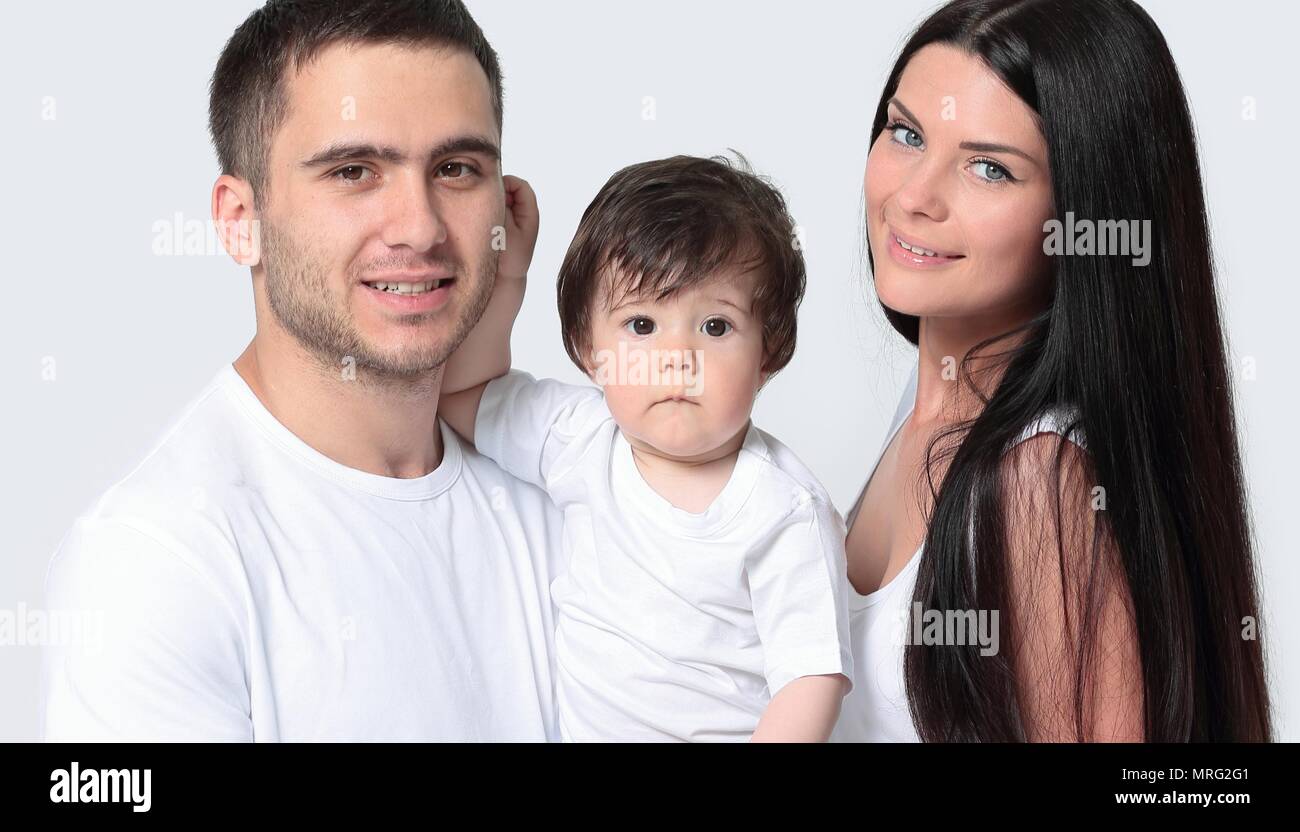 Happy family with newborn baby on a white background Stock Photo - Alamy