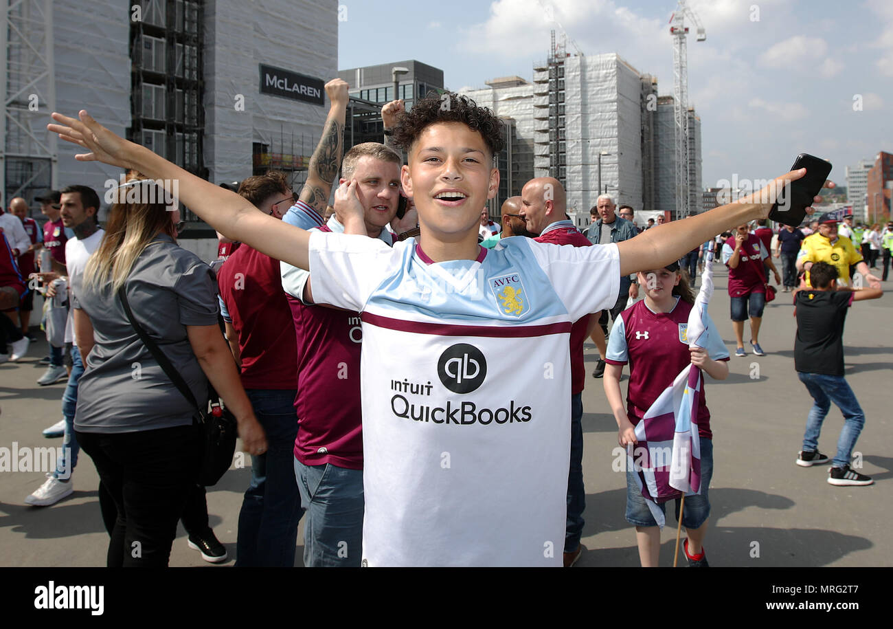 An Aston Villa fan outside Wembley during the Sky Bet Championship ...