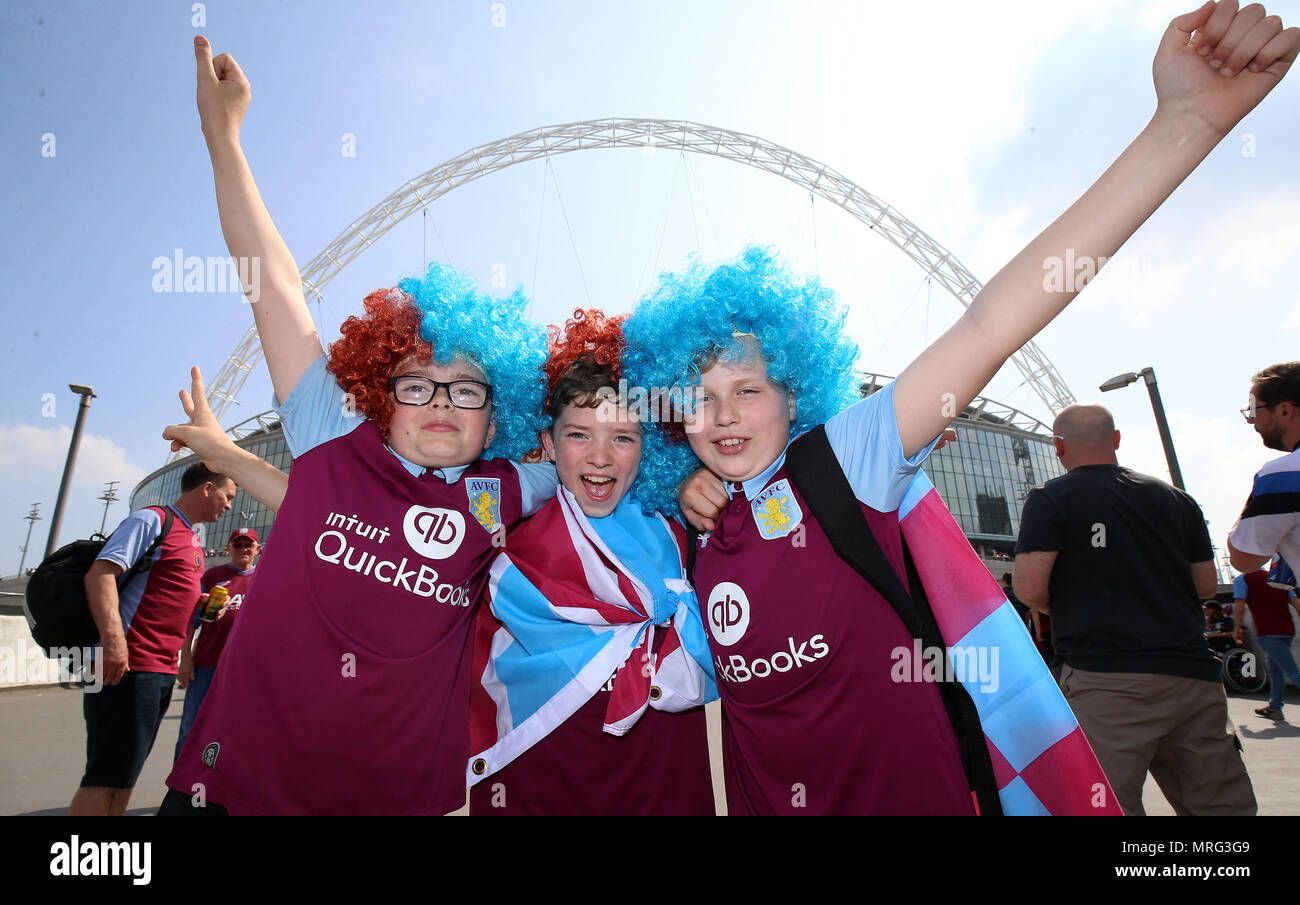 Aston Villa fans pose outside Wembley Way during the Sky Bet ...