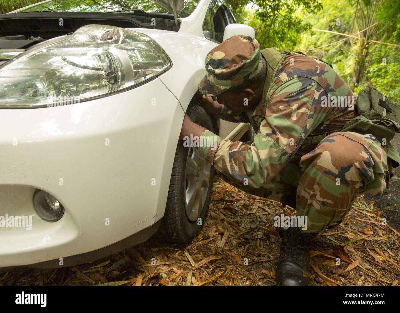Royal Grenada Police Force Constable Gerald Forbes inspects a vehicle ...