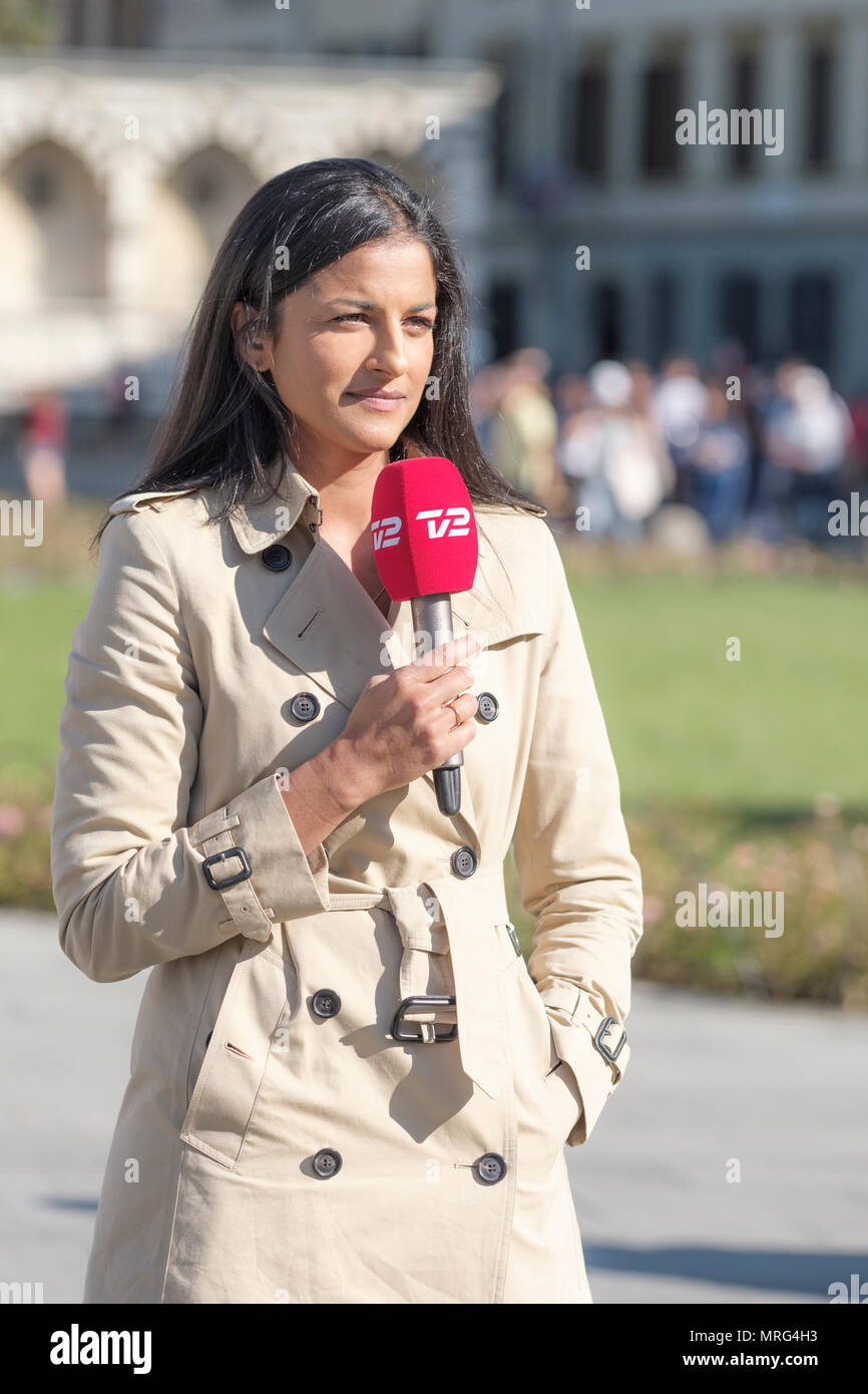 Television reporter preparing for a speech from Theresa Mary May, UK ...