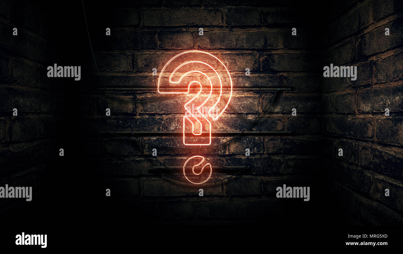 Question mark neon sign on brick wall, conceptual 3d rendering ...