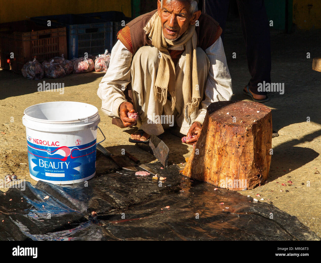 Old man selling meat at the streets of Lamgara Village, Kumaon Hills ...