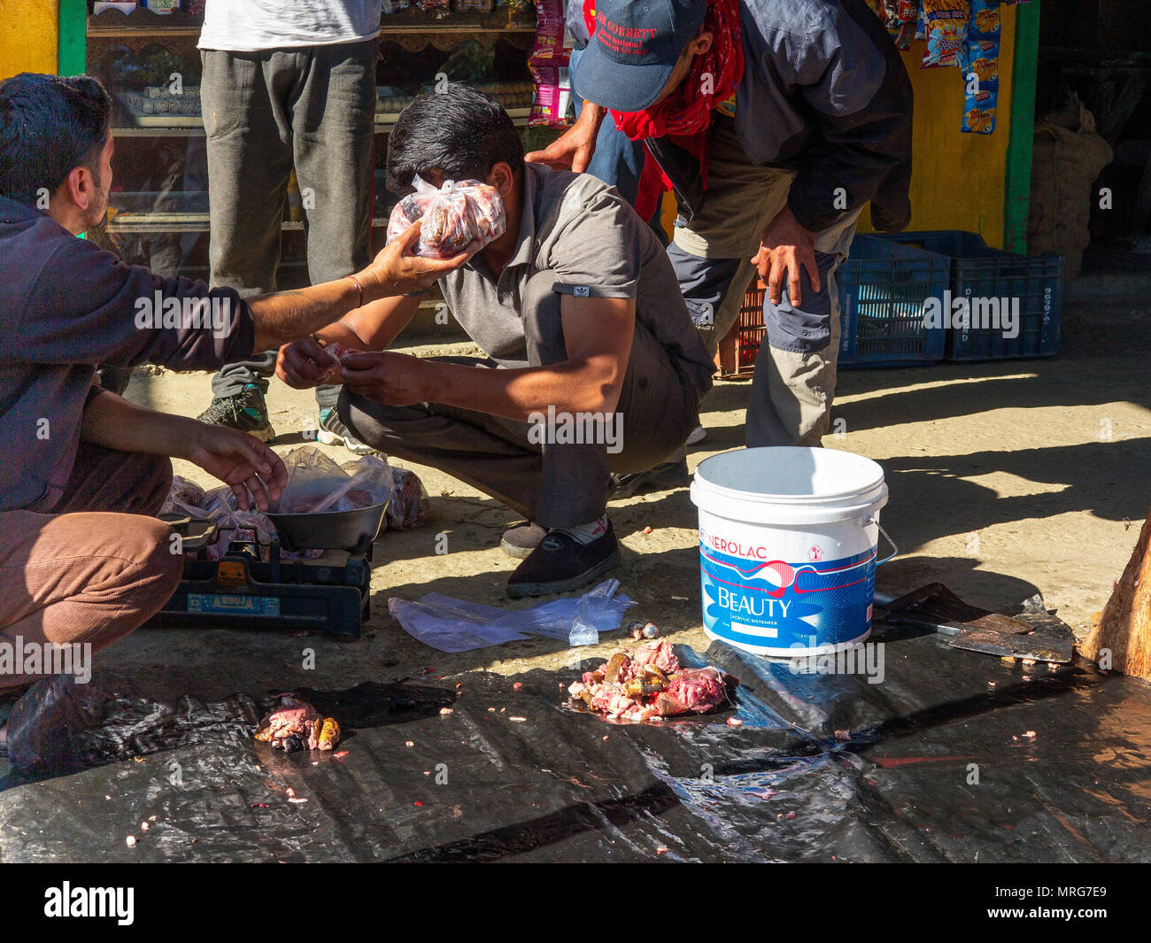 Old man selling meat at the streets of Lamgara Village, Kumaon Hills ...