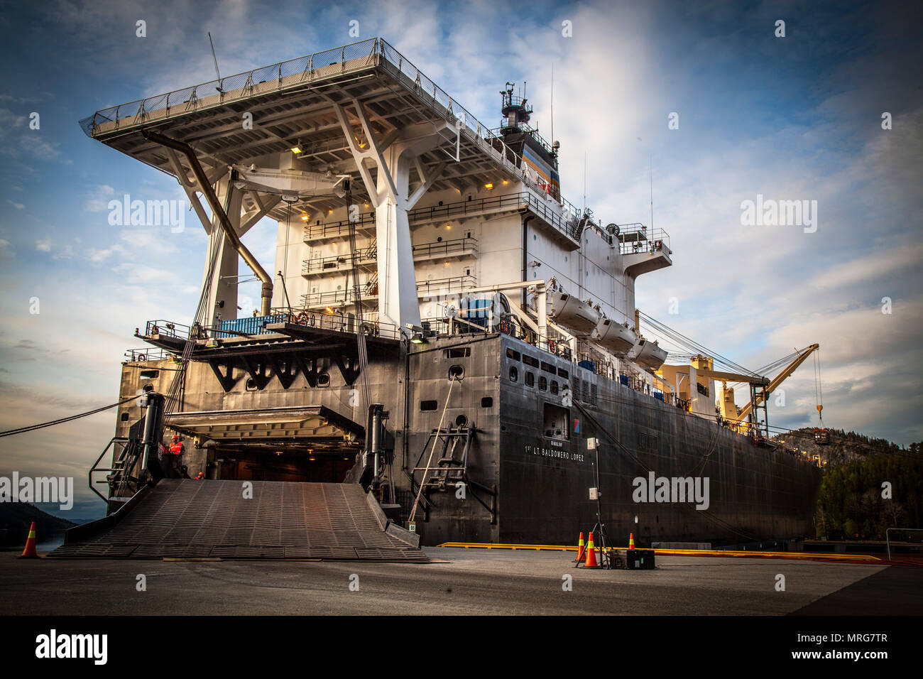 The cargo ship USNS Baldomero Lopez (T-AK 3010) holds equipment bound ...