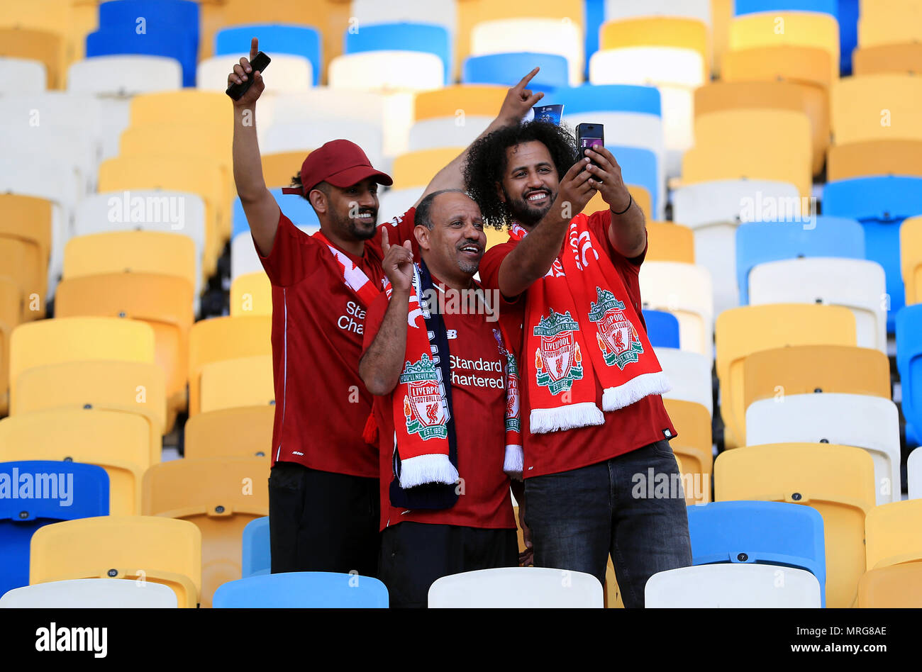 Liverpool fans pose for a selfie in the stands prior to the UEFA ...
