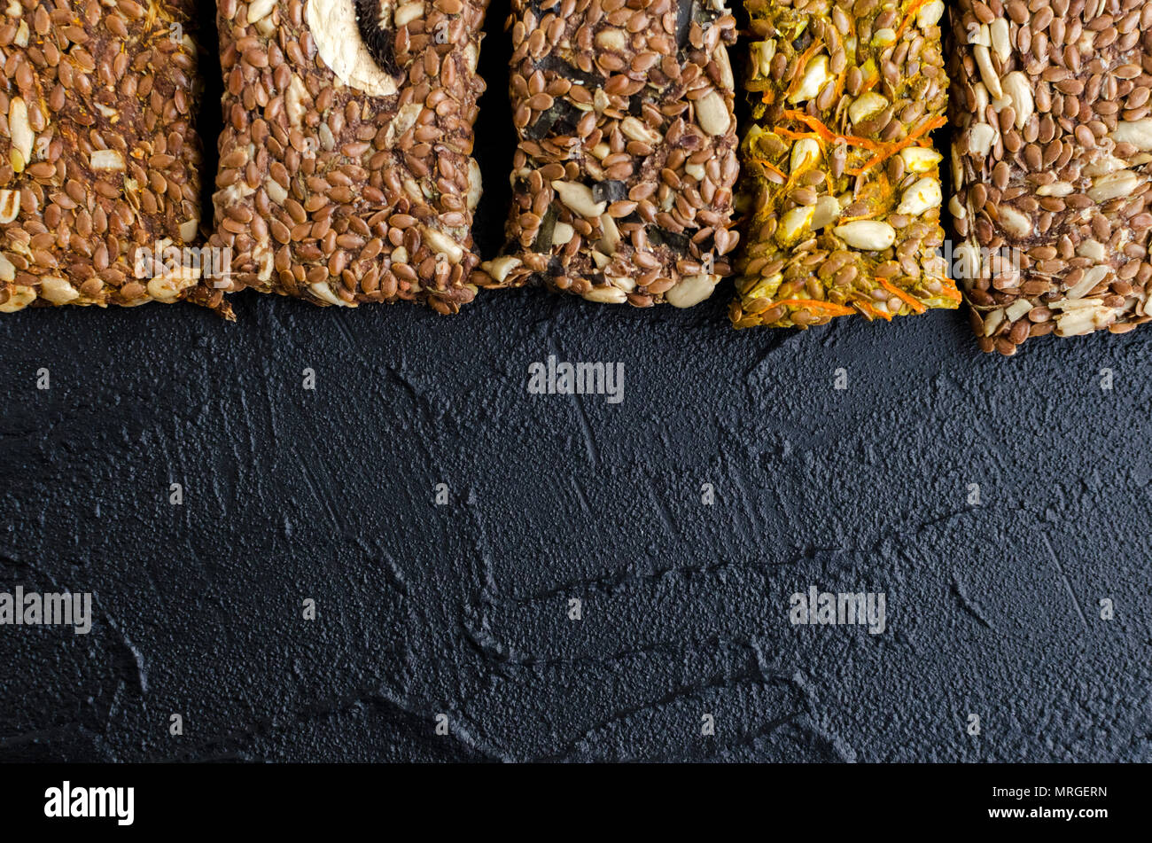 Healthy snack. Fitness dietary food. Five breadsticks with flax ...