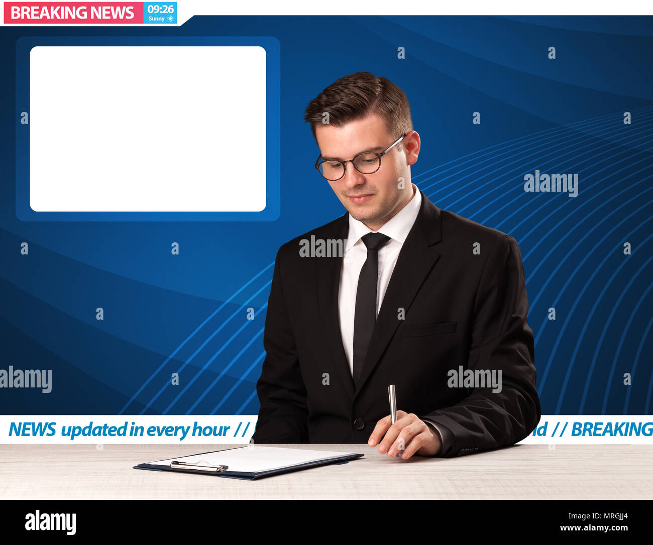 Television reporter telling breaking news at his studio desk with copy ...