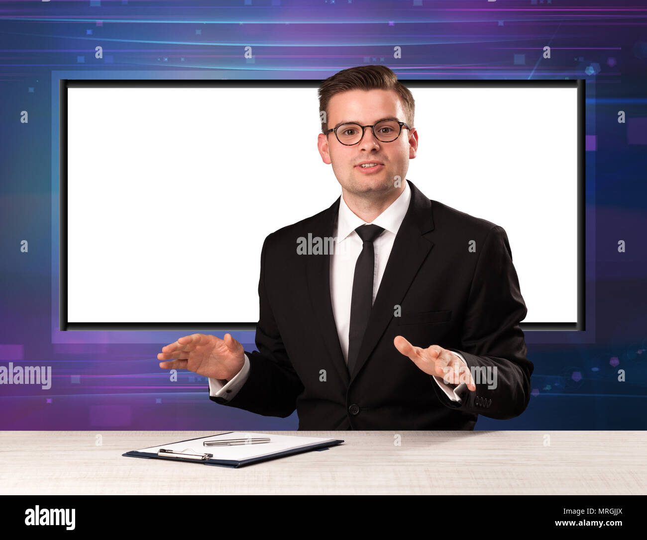 Television program host with big copy screen in his back concept Stock ...